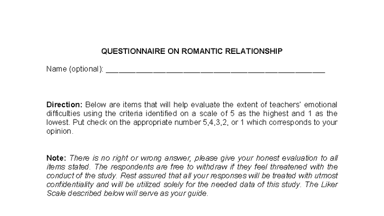 Questionnaire on Romantic Relationships: Grade 12 Student Survey - Studocu