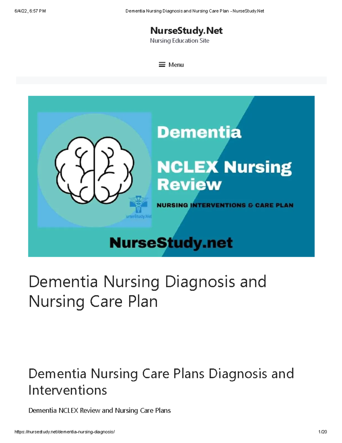 Dementia Nursing Diagnosis & Care Plan (NCLEX) - Nurse Study Guide ...