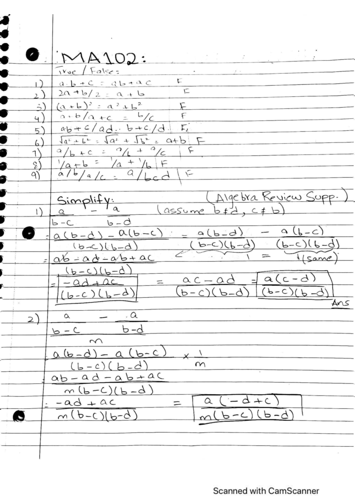 MA102-B Lecture 1: True/False & Algebra Simplification Notes - Studocu