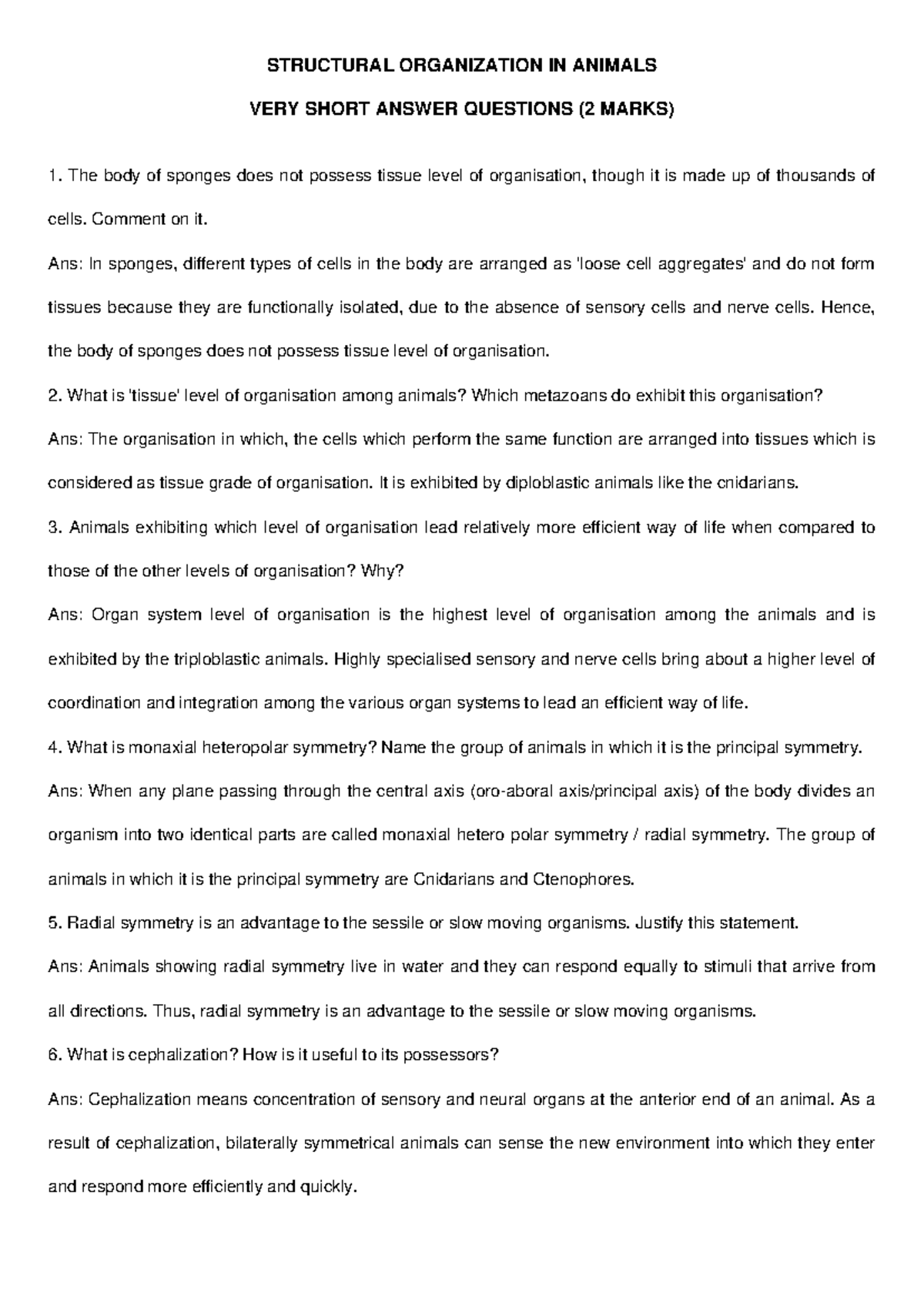 STRUCTURAL ORGANIZATION IN ANIMALS: QA (2 MARKS) - Studocu