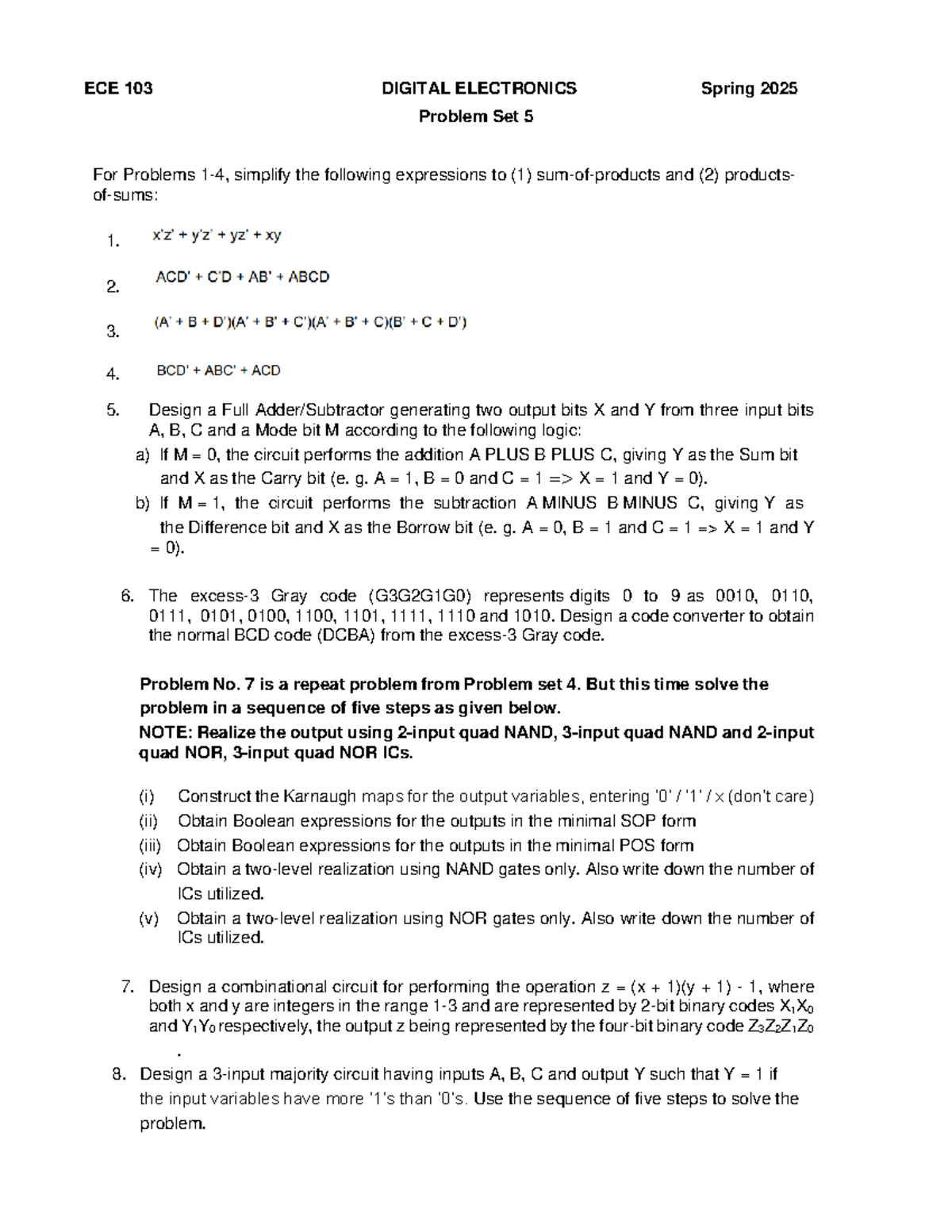 Problem SET 5 SP25 - tut questions - ECE 103 DIGITAL ELECTRONICS Spring 2025 Problem Set 5 For ...
