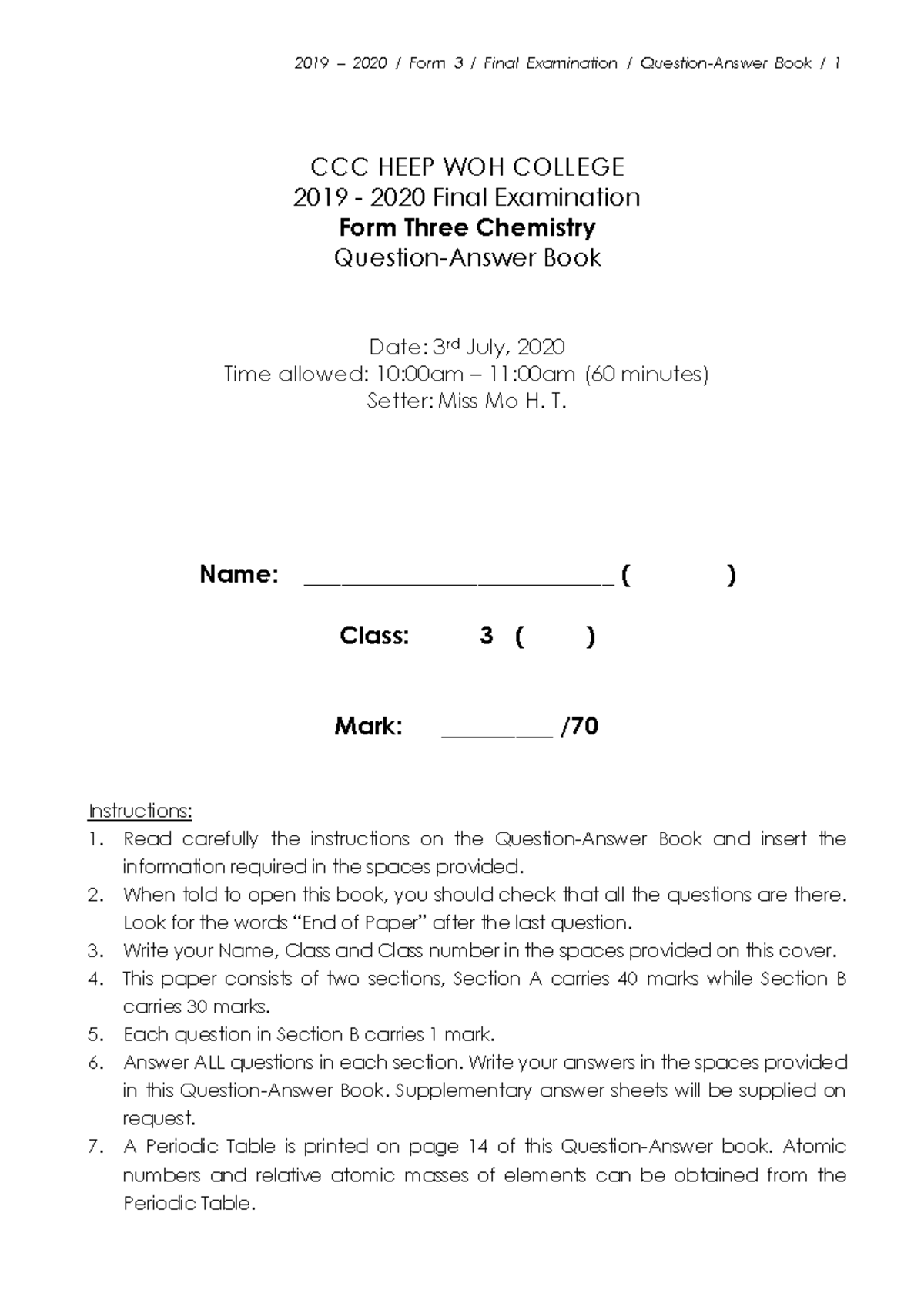CCC HEEP WOH College Form 3 Chemistry Final Exam Paper 2019-2020 - Studocu