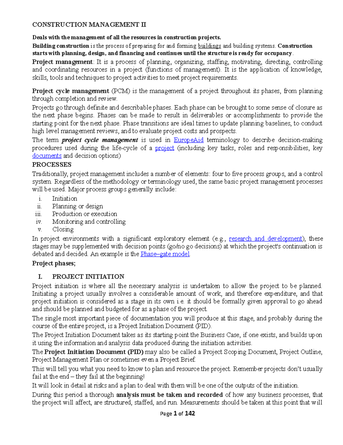 Construction Management II: Comprehensive Study Notes - Studocu