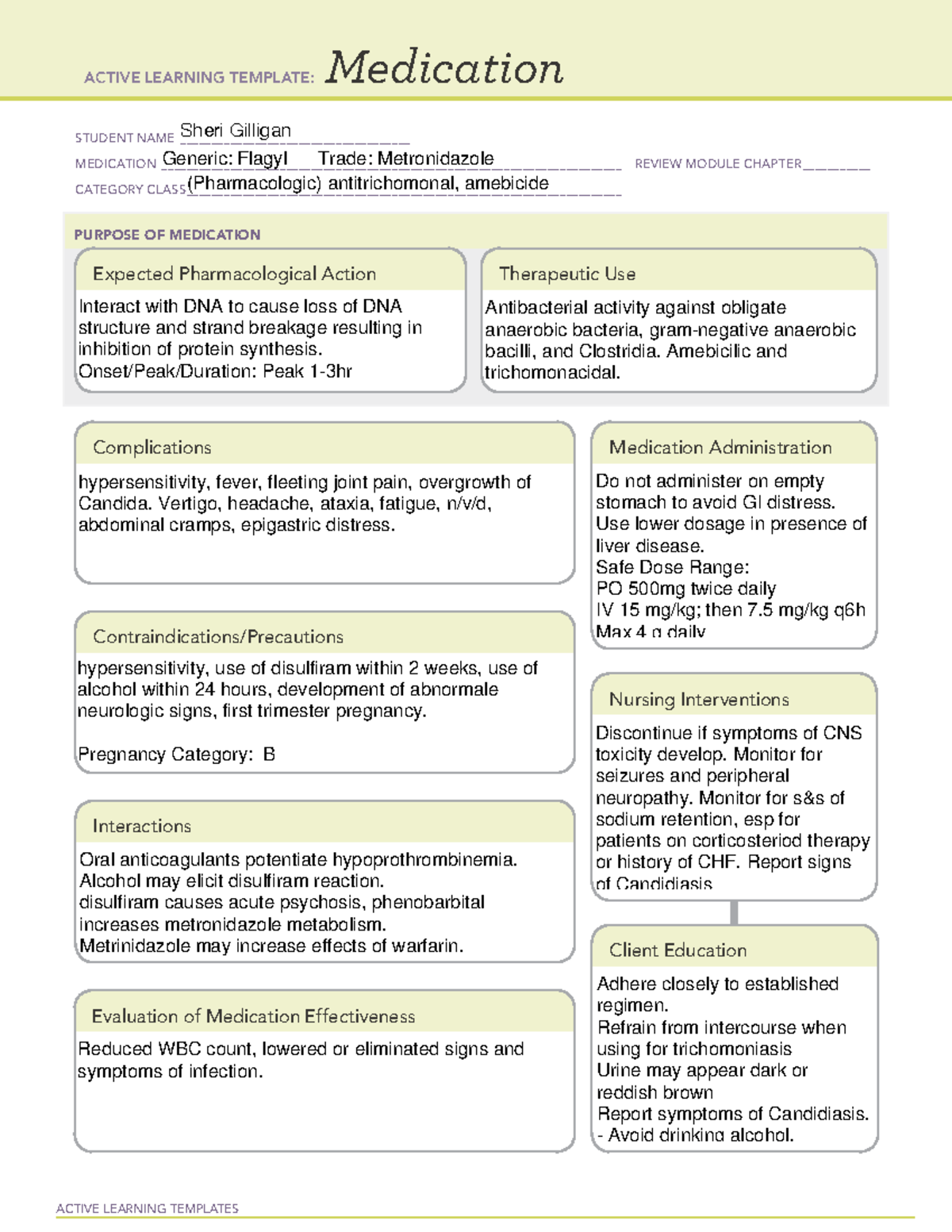 Flagyl (Metronidazole) - Med Cards for Active Learning Template - Studocu