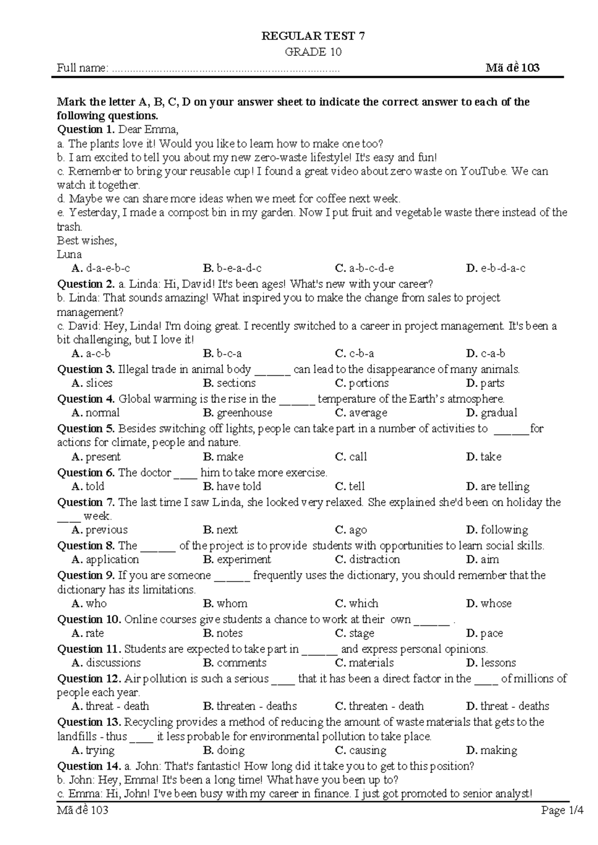 REGULAR TEST 7 GRADE 10 - Mã đề 103 - Studocu