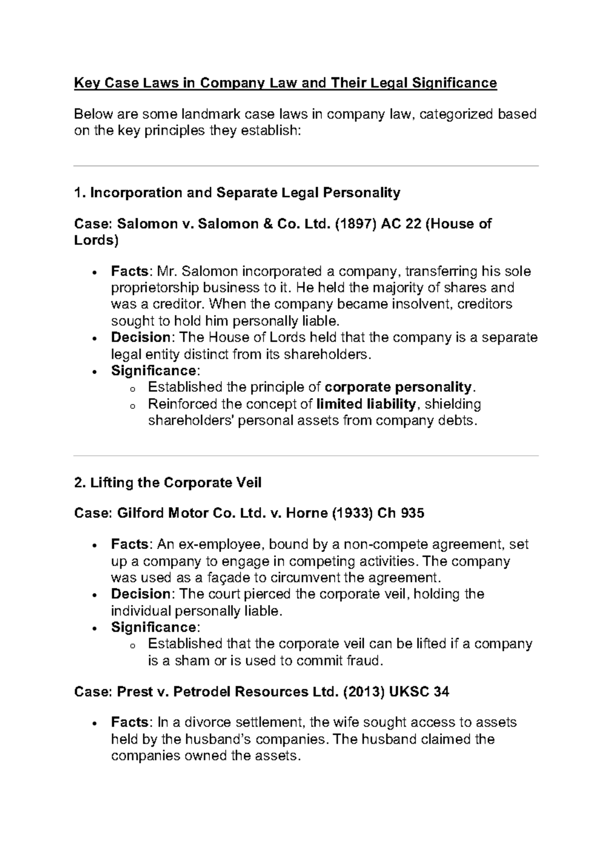 Key Case Laws in Company Law: Legal Significance Overview - Studocu