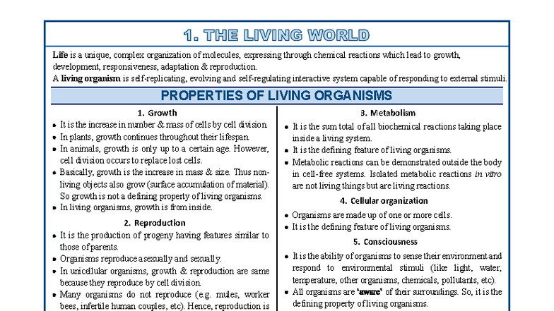 Bio Short Notes for 11th & 12th Grade: Properties of Living Organisms ...
