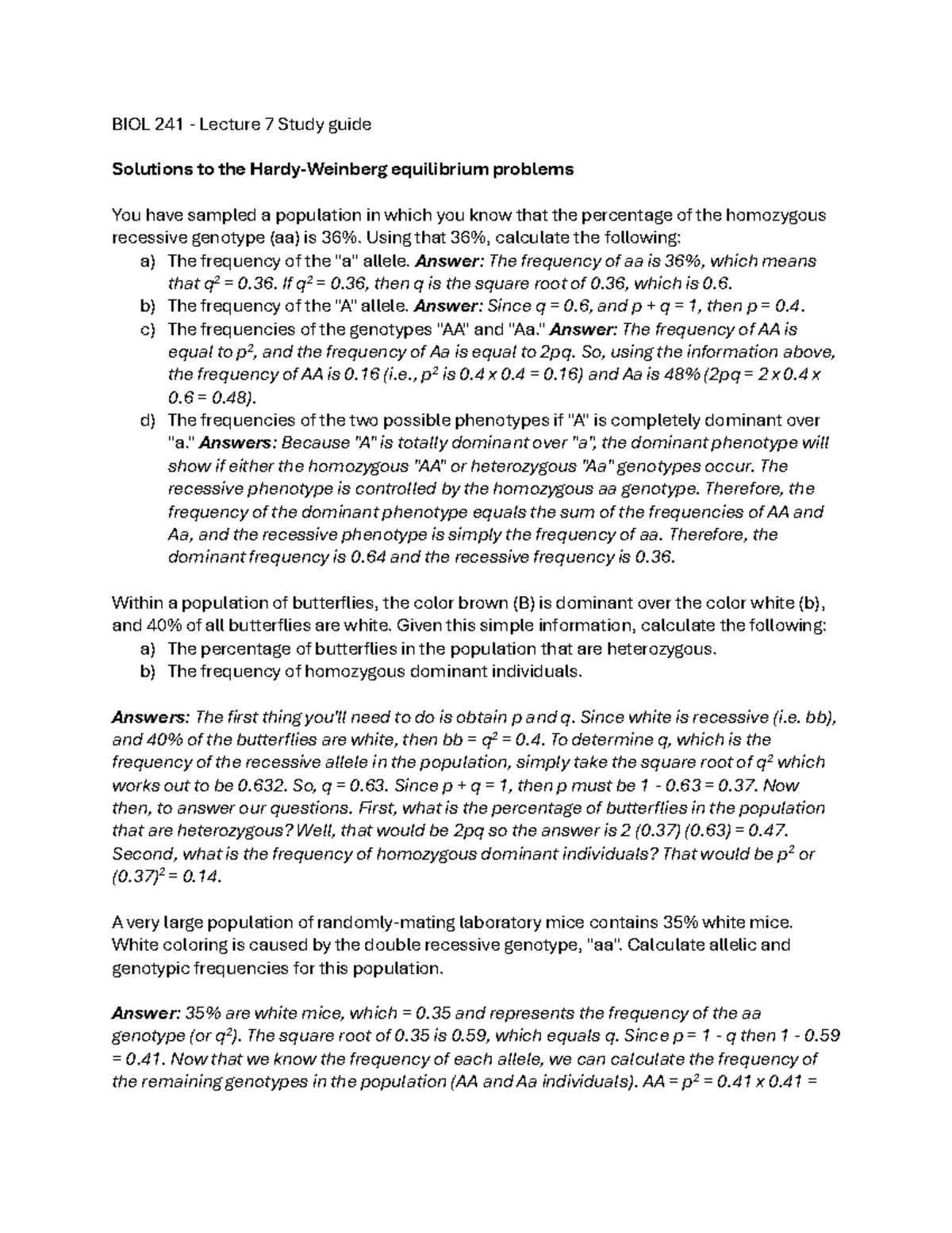 BIOL 241 - Lecture 7 Study Guide: Hardy-Weinberg Problems Solutions ...