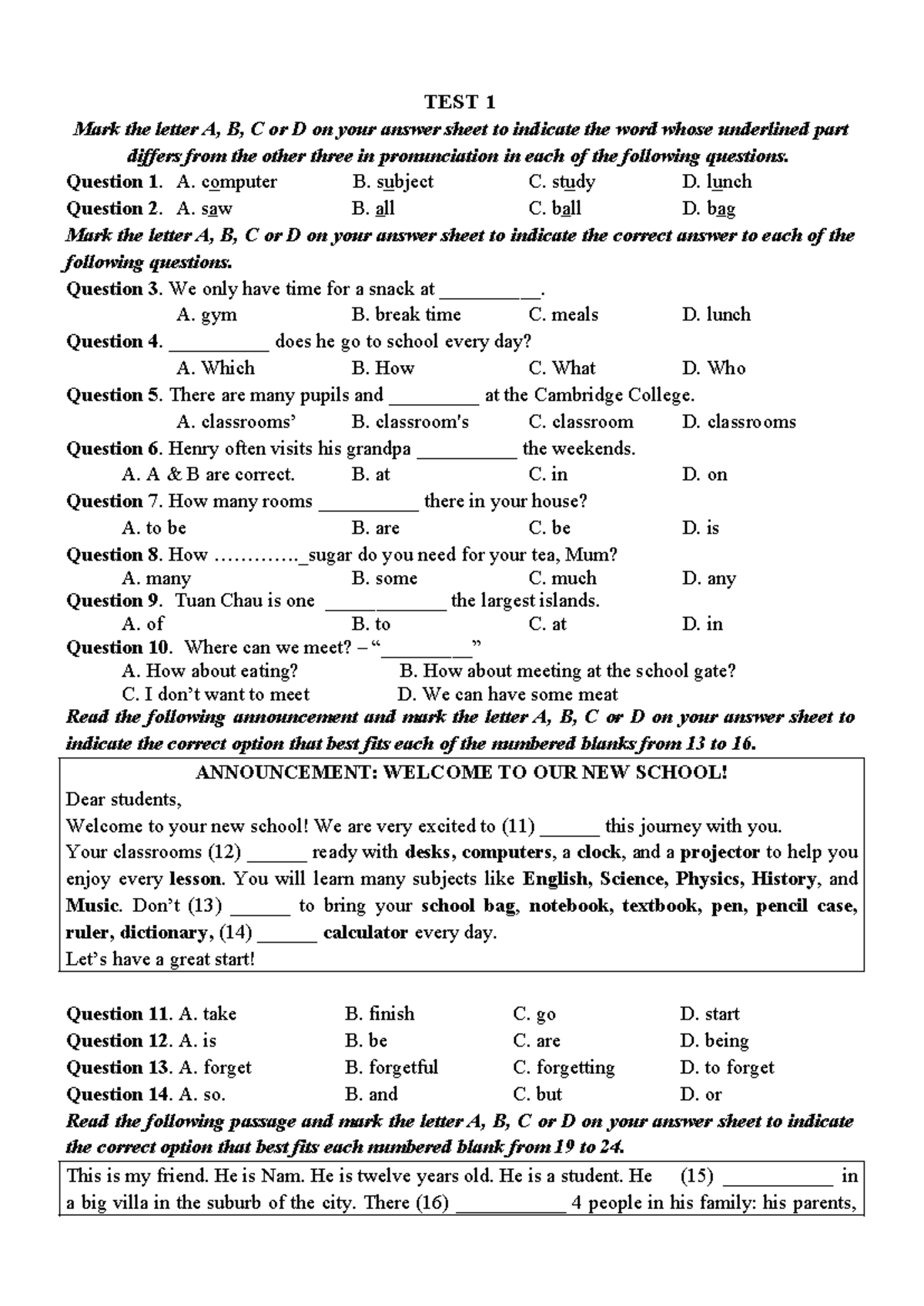 TEST 1 - Pronunciation and Comprehension Questions - Studocu
