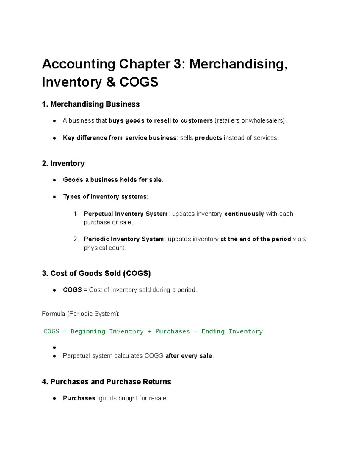 Accounting 101: Chapter 3 Notes on Merchandising & COGS - Studocu