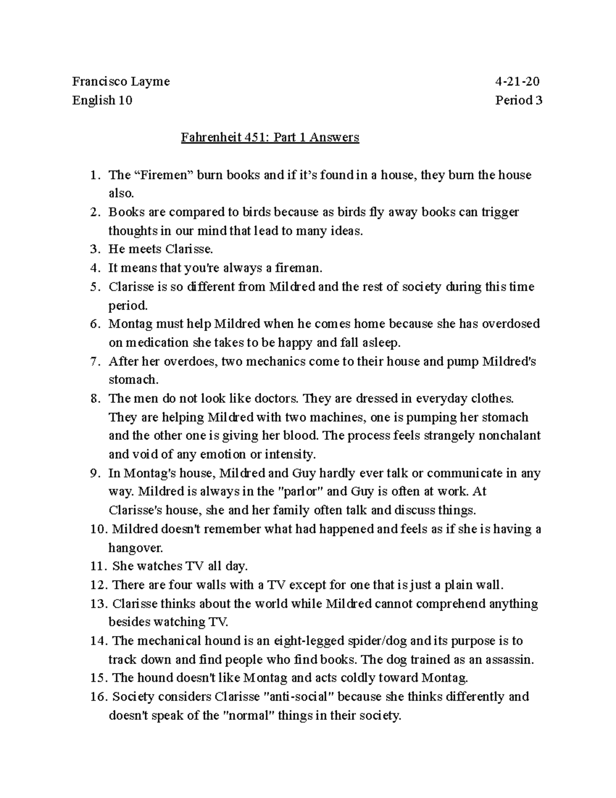 Fahrenheit 451: Part 1 Key Answers for English 10 Students - Studocu