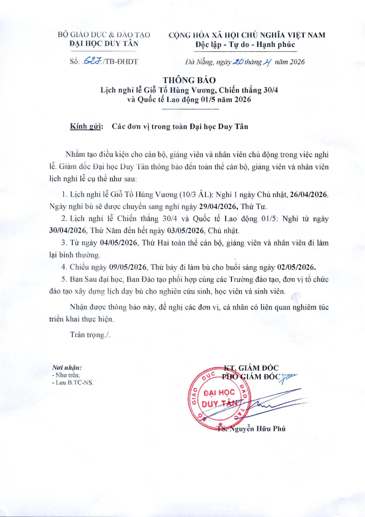 Thông Báo Nghỉ Lễ Giỗ Tổ và 30/4 - ĐH Duy Tân 2026 - Studocu