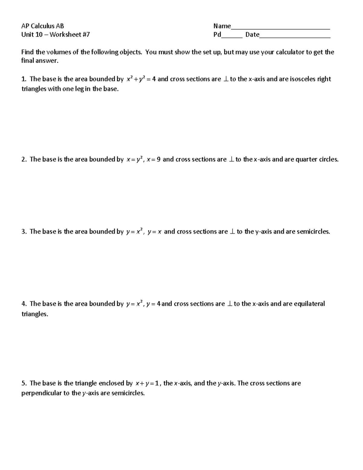 AP Calculus AB Unit 10 Worksheet: Volume Calculations of Solids - Studocu