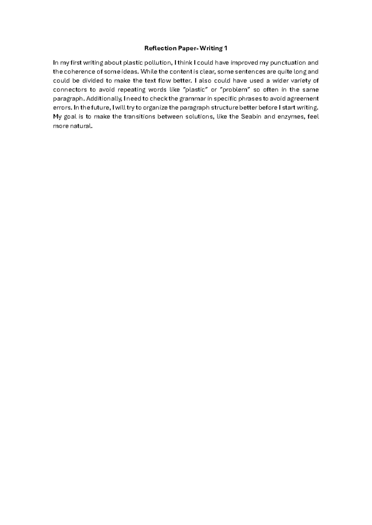 Reflection Paper - Plastic Pollution Improvement Strategies - Studocu