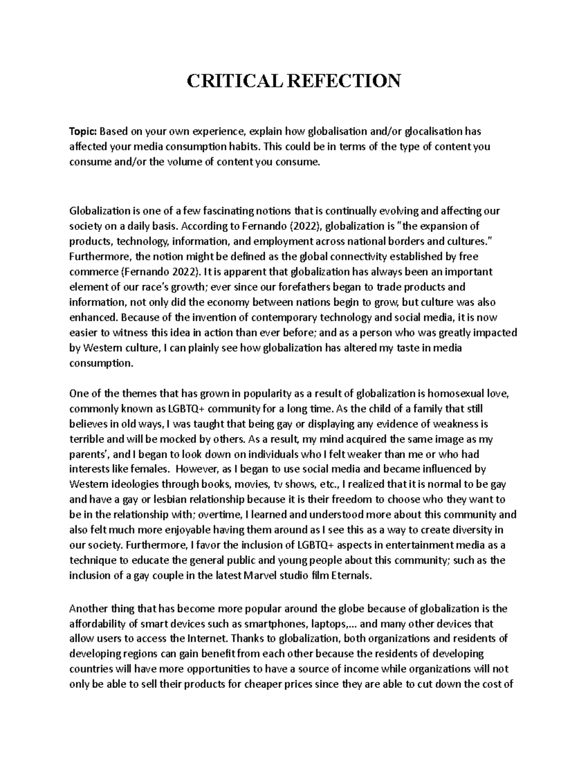 Assessment TASK 2 - Critical Reflection - CRITICAL REFECTION Topic ...