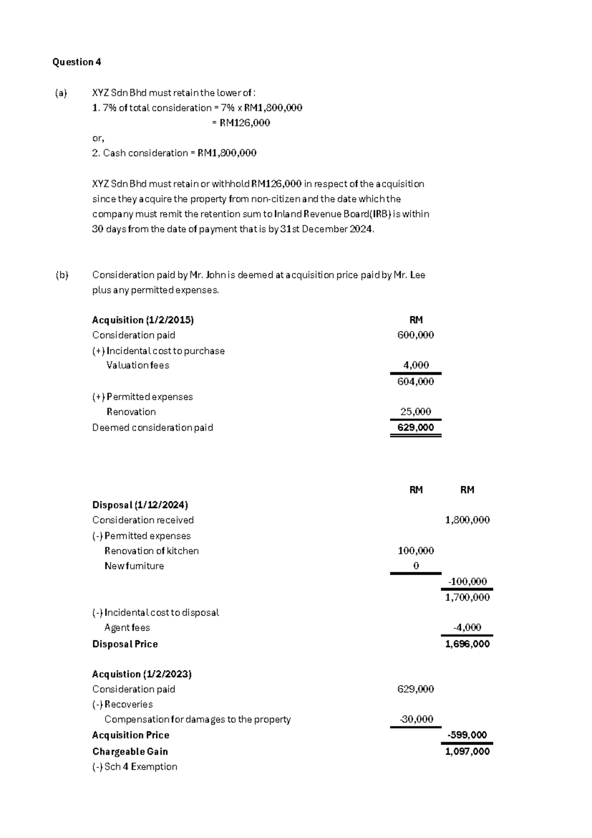Question 4 - RPGT Computation for XYZ Sdn Bhd Acquisition - Studocu