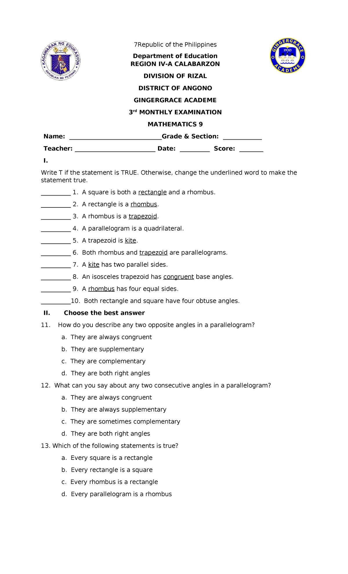 3rd Monthly Exam - Mathematics 9 - Studocu