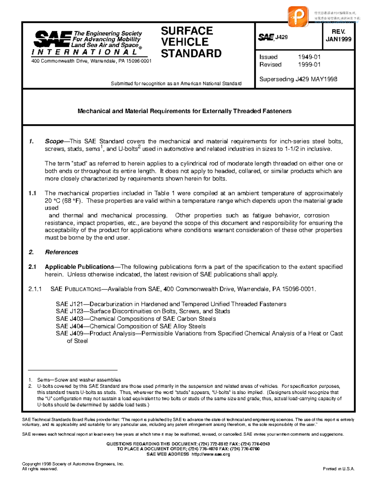 SAE J429-1999 Standard for Mechanical Requirements of Fasteners - Studocu