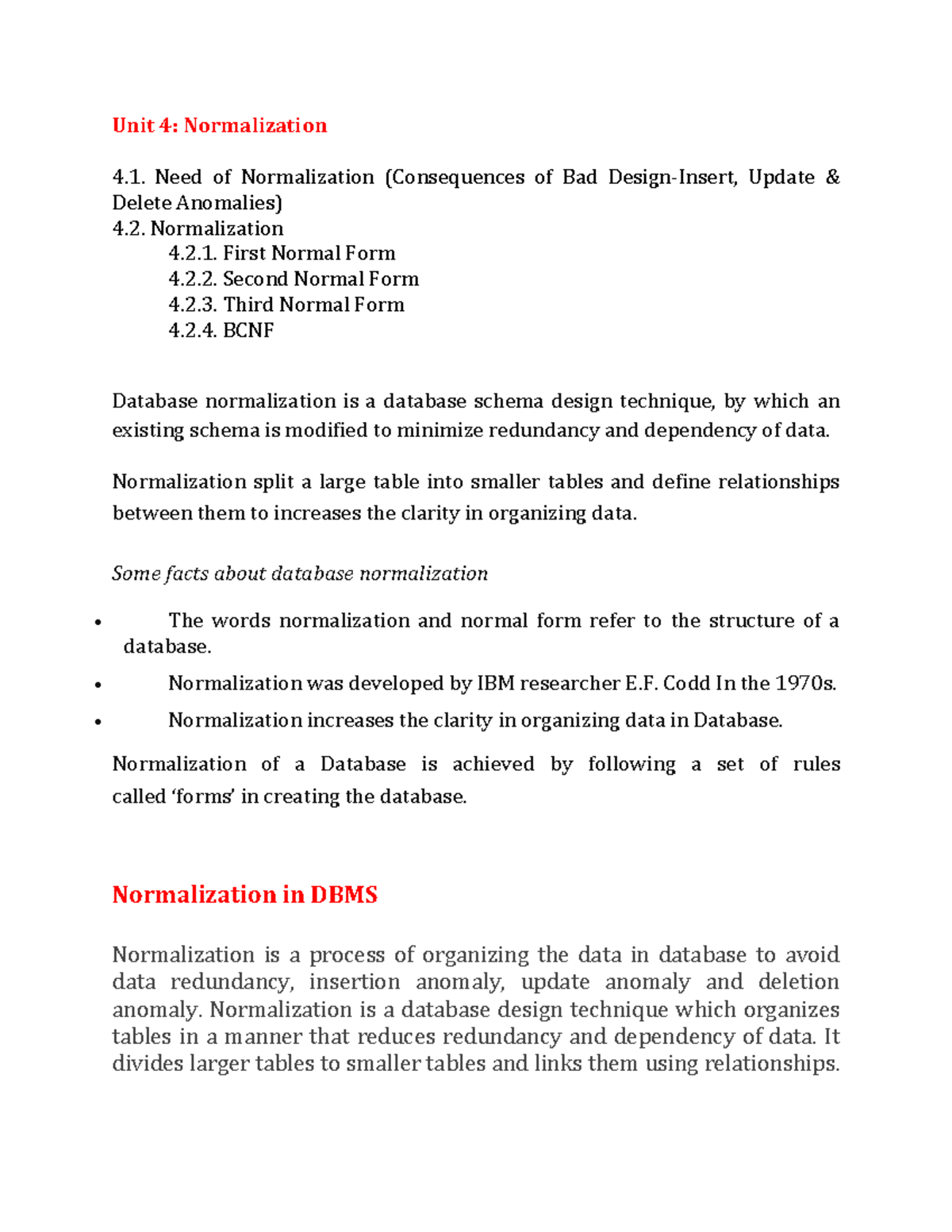 Unit 4: Normalization in DBMS - Consequences & Forms Explained - Studocu