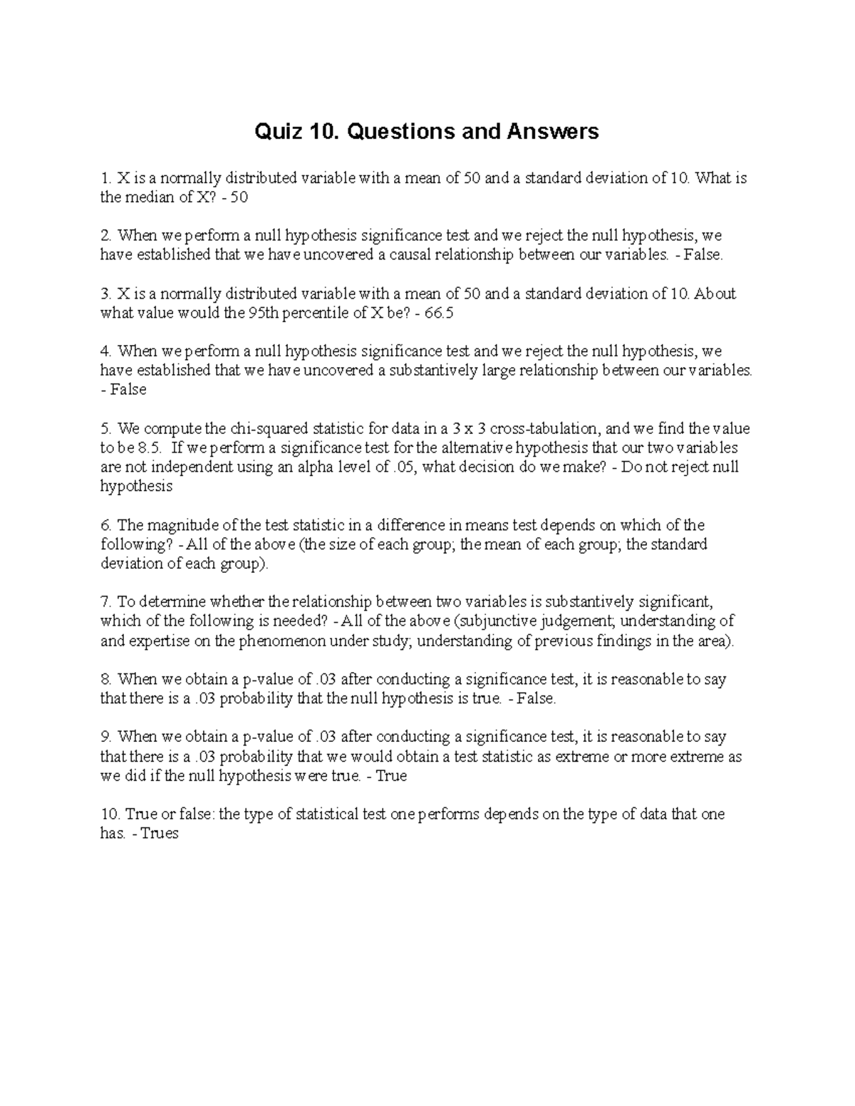 Quiz 10 - Quiz 10 questions + answers - Quiz 10. Questions and Answers ...