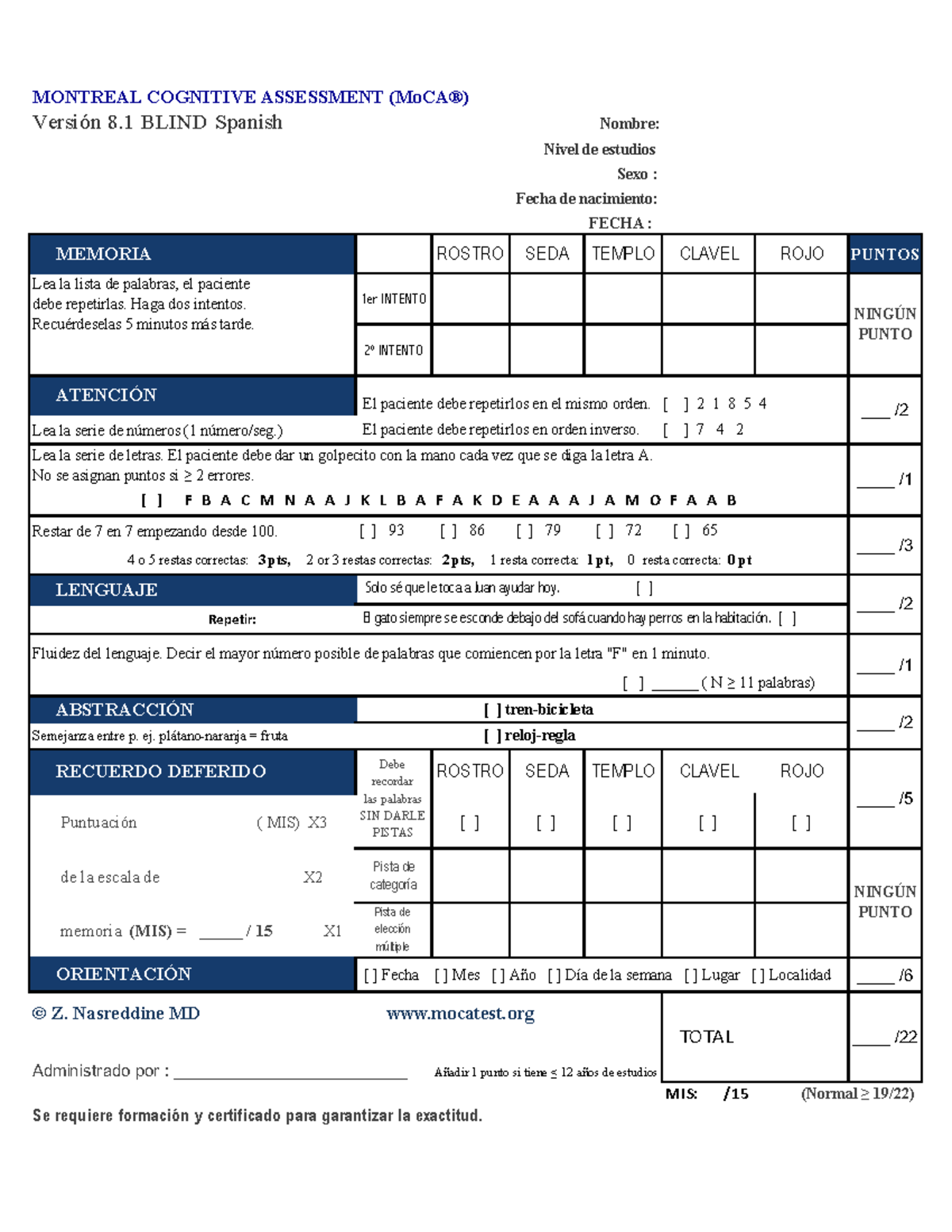 Evaluación Cognitiva MoCA® - Versión 8.1 en Español para Uso Clínico ...