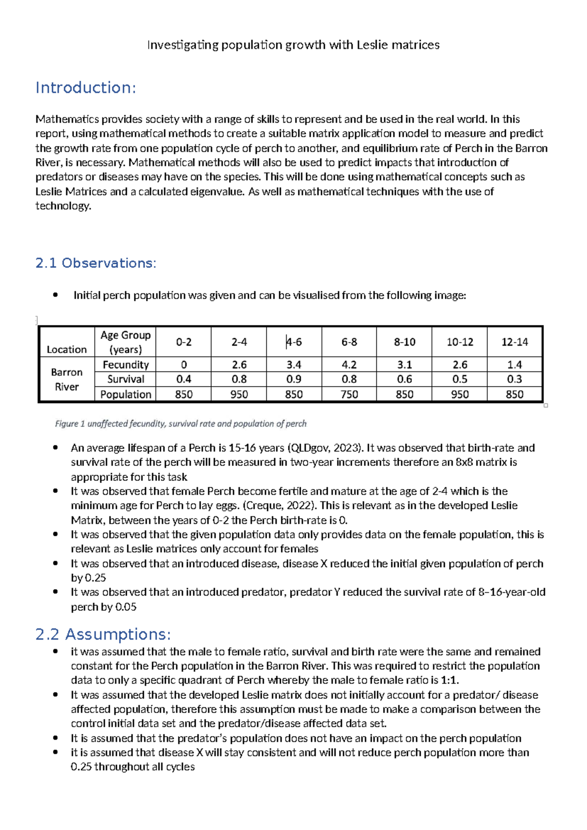 PSMT IA1: Population Growth Analysis Using Leslie Matrices in Perch ...