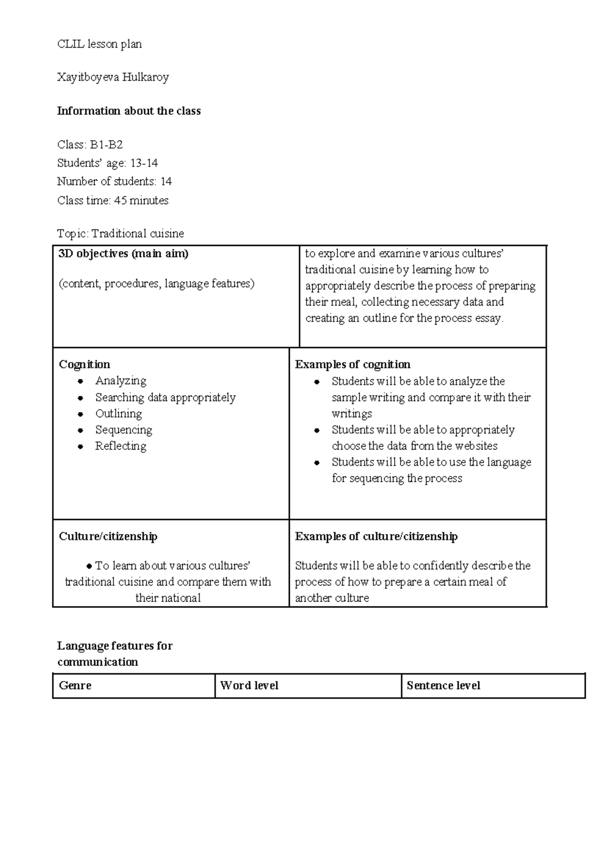 CLIL lesson plan cuisine - CLIL lesson plan Xayitboyeva Hulkaroy ...