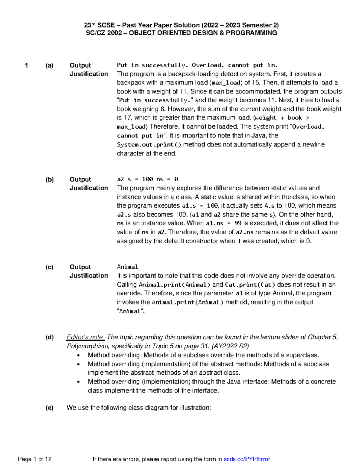 SC2002 AY2223 S2 Object Oriented Design Programming Past Year Solutions - Studocu
