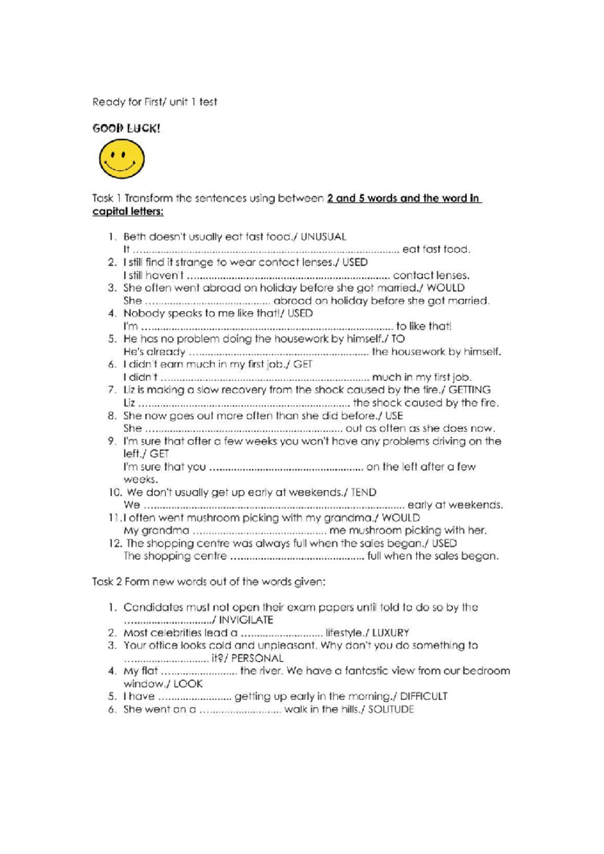FCE Unit 1 Revision - Ready for First Unit 1 Test Preparation - Studocu