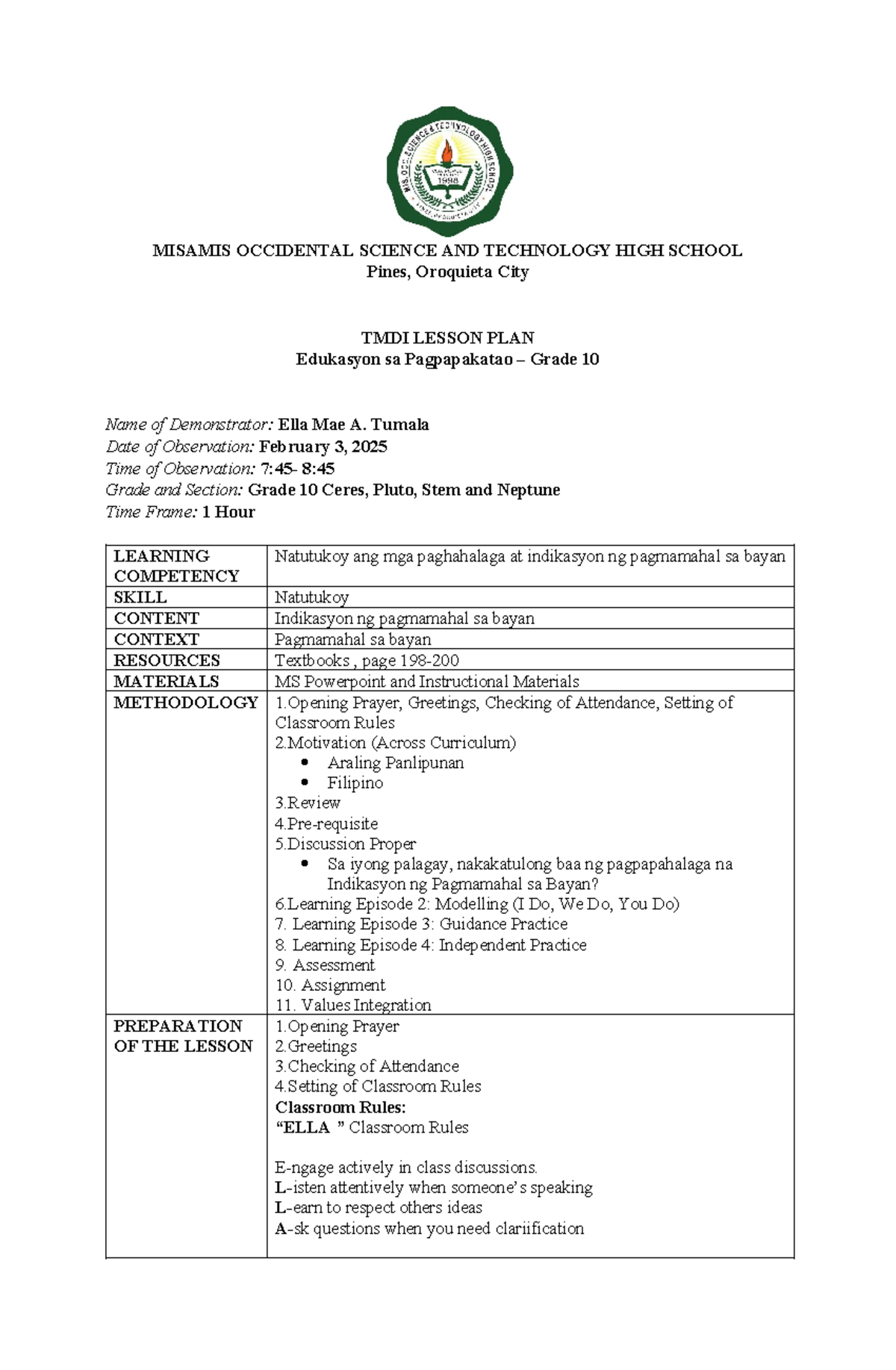 ESP 10 Lesson Plan: Paghahalaga at Indikasyon ng Pagmamahal sa Bayan ...