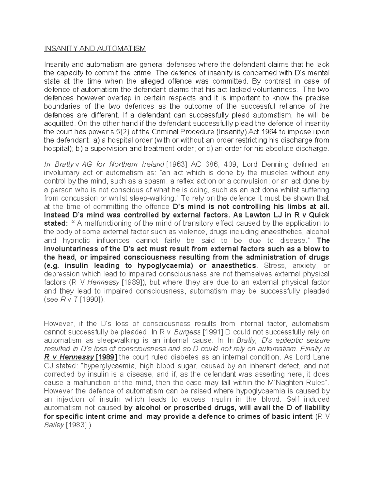INSANITY AND AUTOMATISM: Legal Defenses Explained (LAW 101) - Studocu