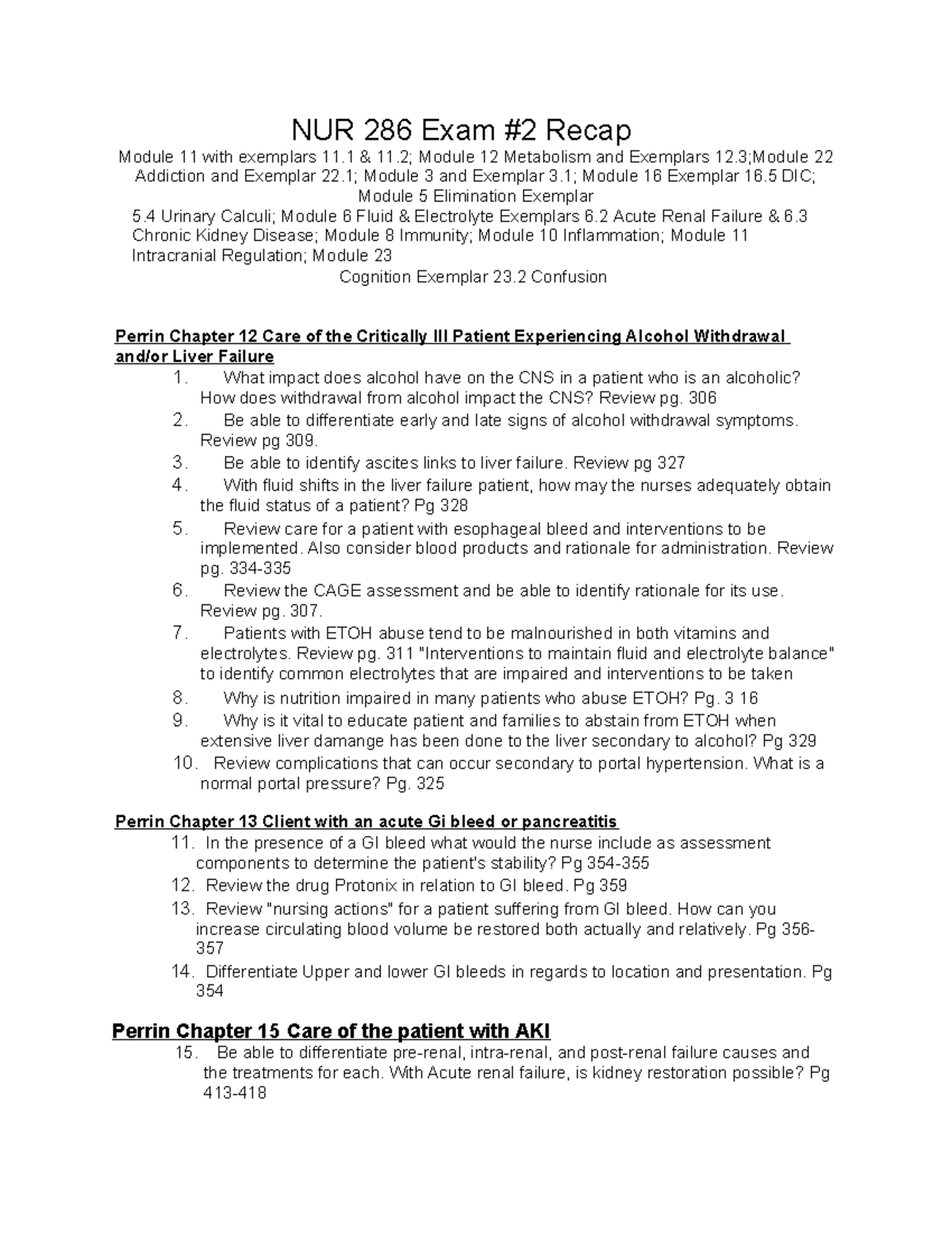 NUR 286 Final Exam Recap: Key Concepts & Exemplars from Modules 11-23 ...