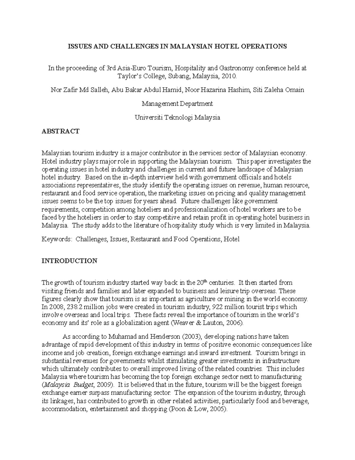Challenges and Issues in Malaysian Hotel Operations: A Study - Studocu