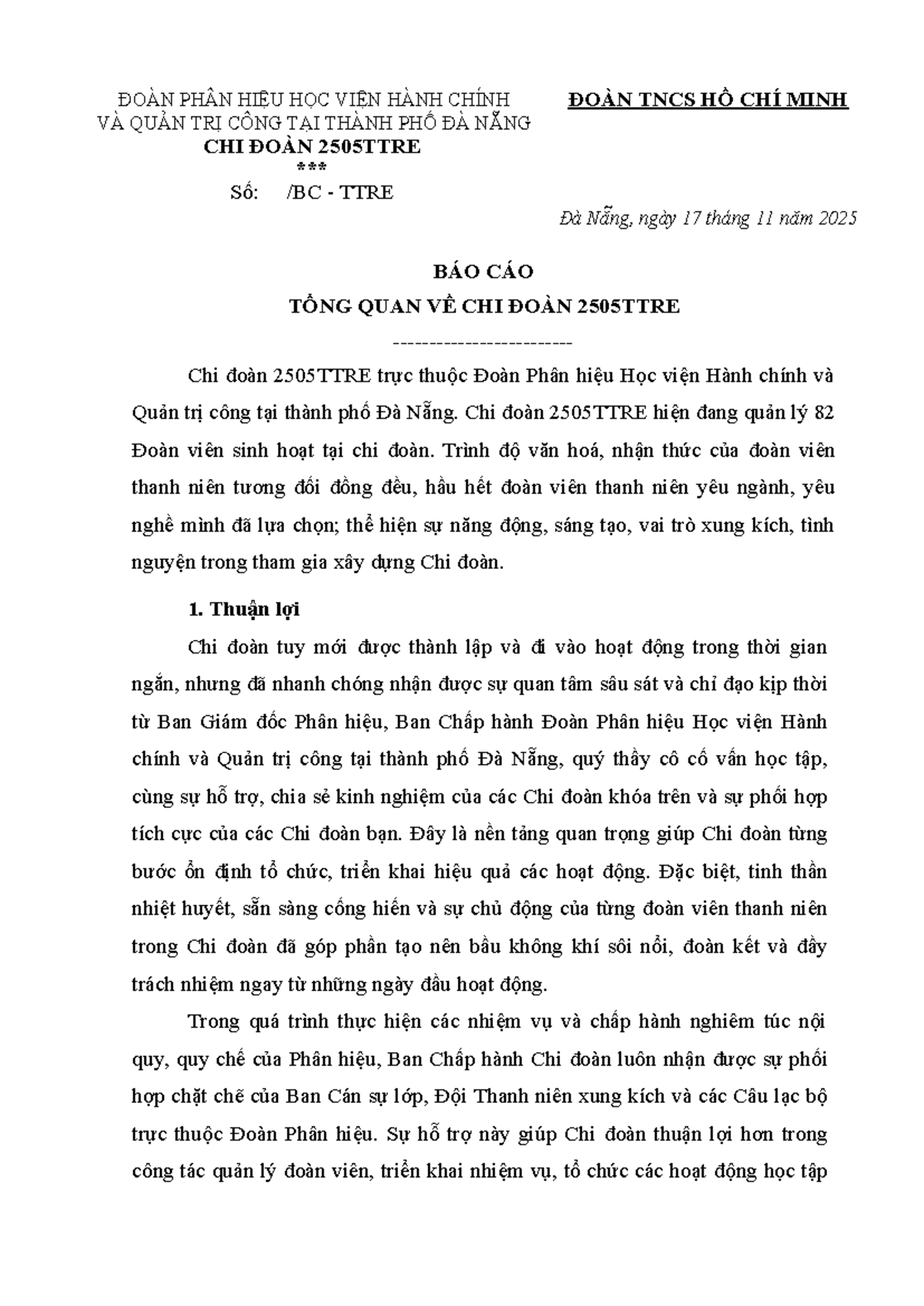 Báo Cáo Tổng Quan Chi Đoàn 2505TTRE - Học Viện Hành Chính Đà Nẵng - Studocu
