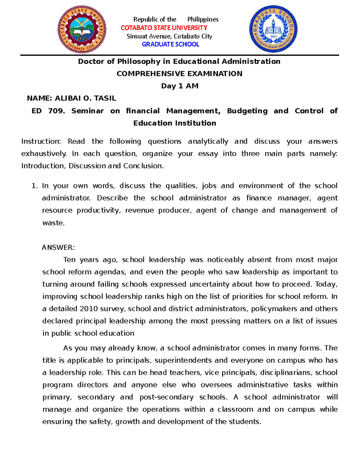 Tasil, Alibai O. Ph DEd AD 709 - COTABATO STATE UNIVERSITY Sinsuat Avenue, Cotabato City ...