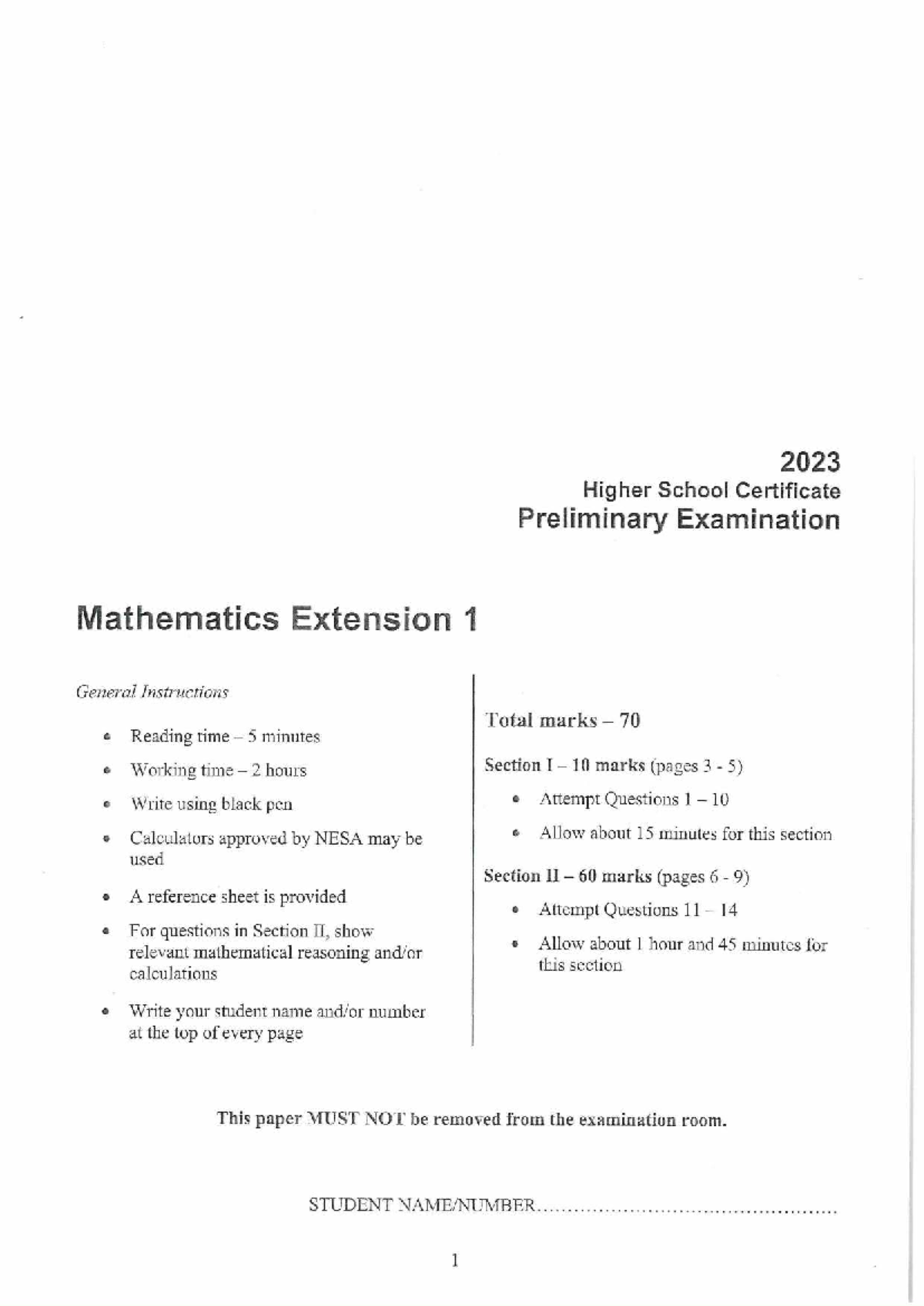 2023 HSC Preliminary Mathematics Ext 1 Exam Paper - Studocu