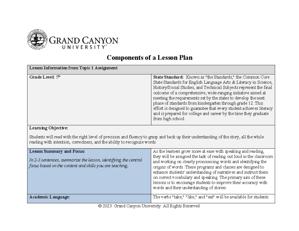 Components of a Lesson Plan - AZ GCU ELM 5th Grade Standards - Studocu