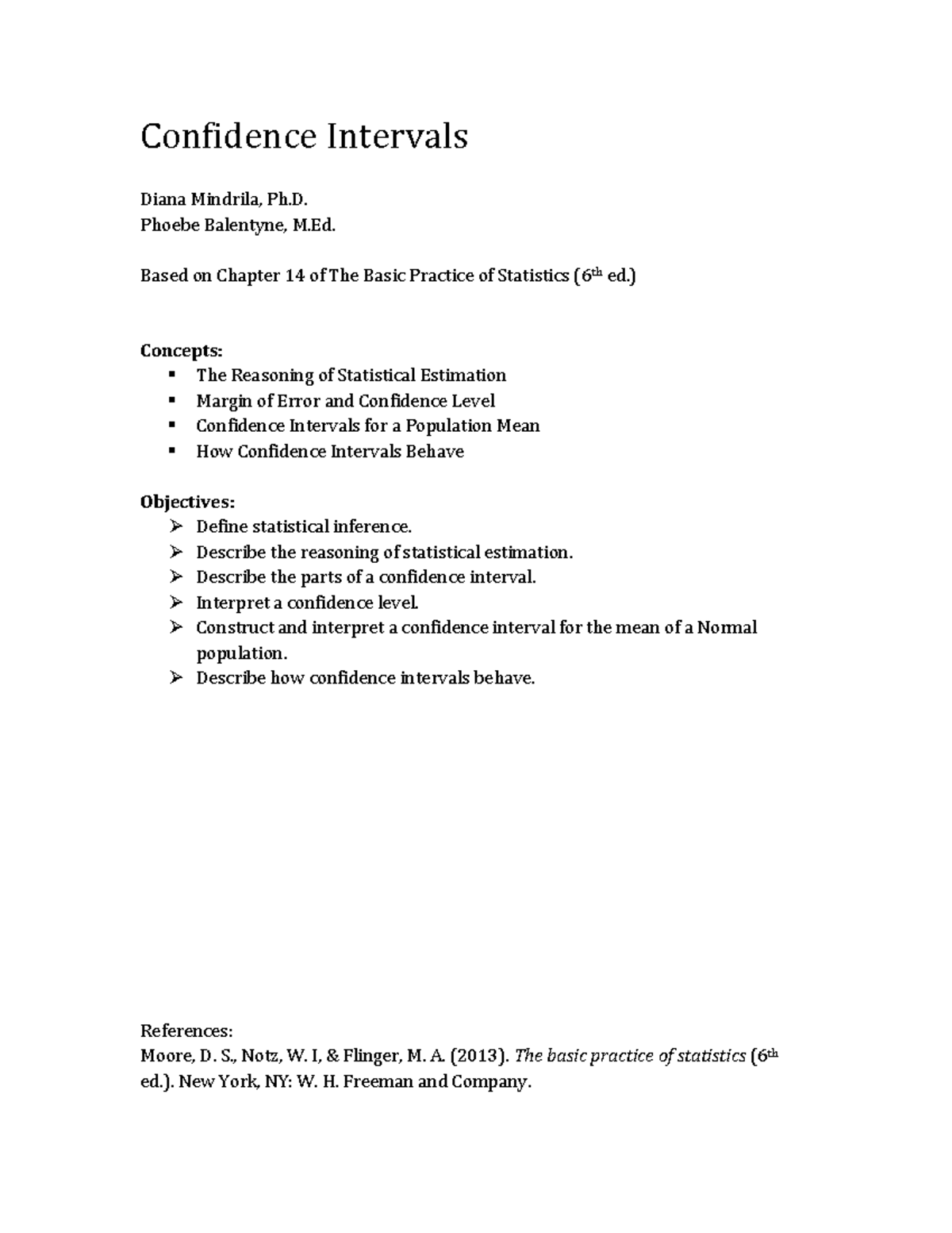 Confidence intervals notes - Confidence Intervals Diana Mindrila, Ph ...