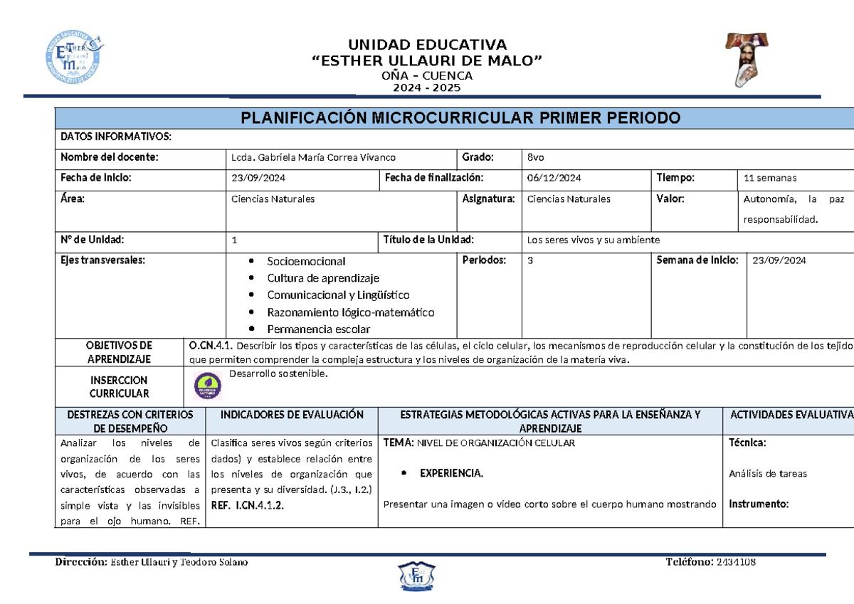 Planificación Microcurricular 8vo CCNN Primer Período 2024-2025 - Studocu