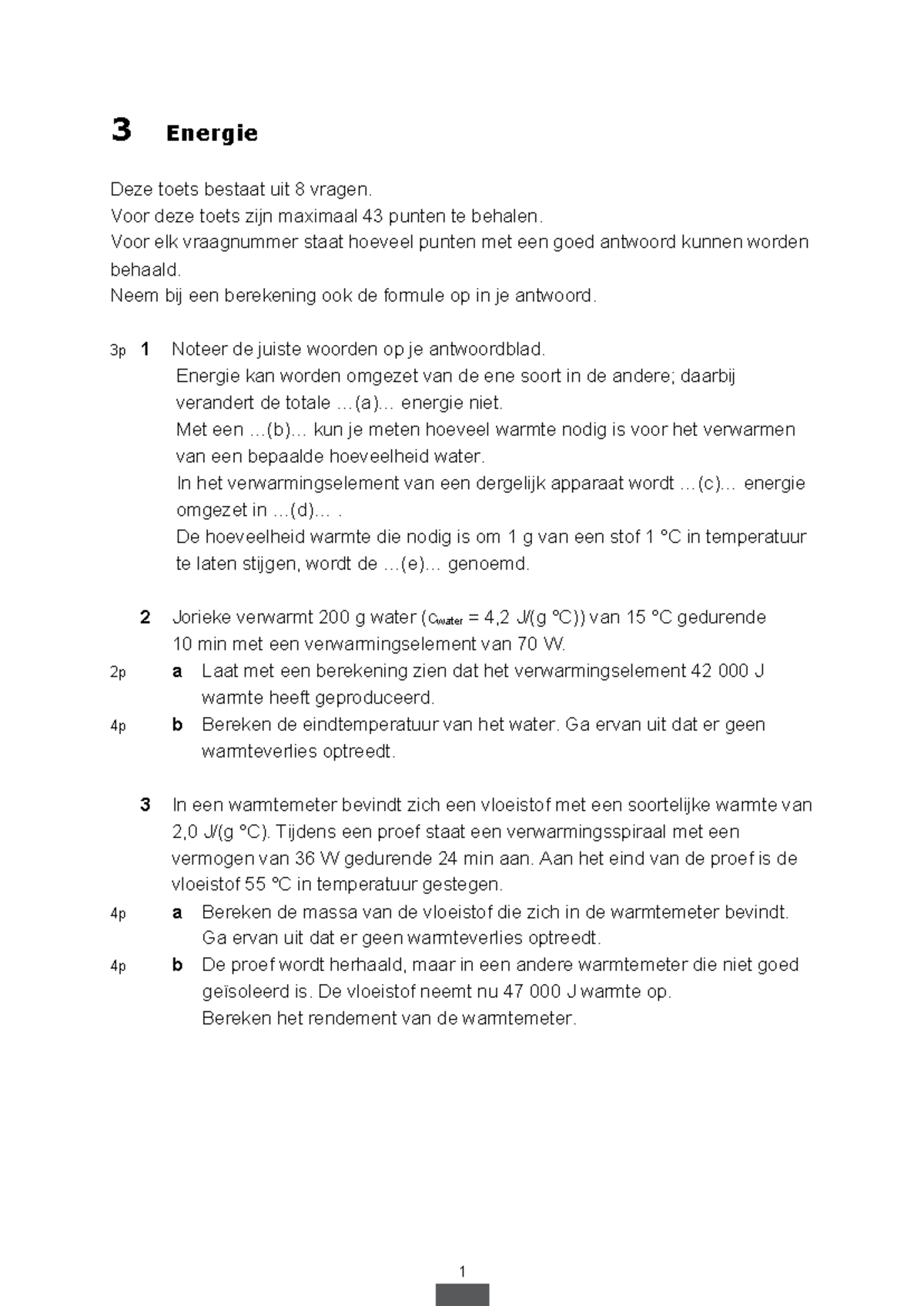 3-Havo H3 Toets Energie: Vragen en Berekeningen - Studeersnel