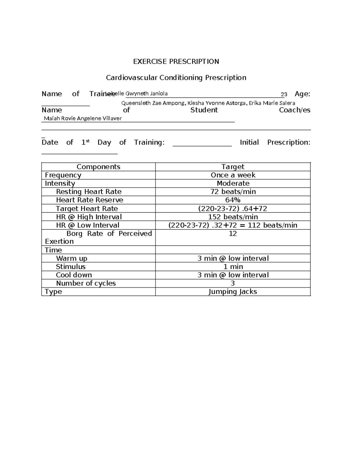 PED 032 Exercise Prescription Form for the Trainee - EXERCISE ...
