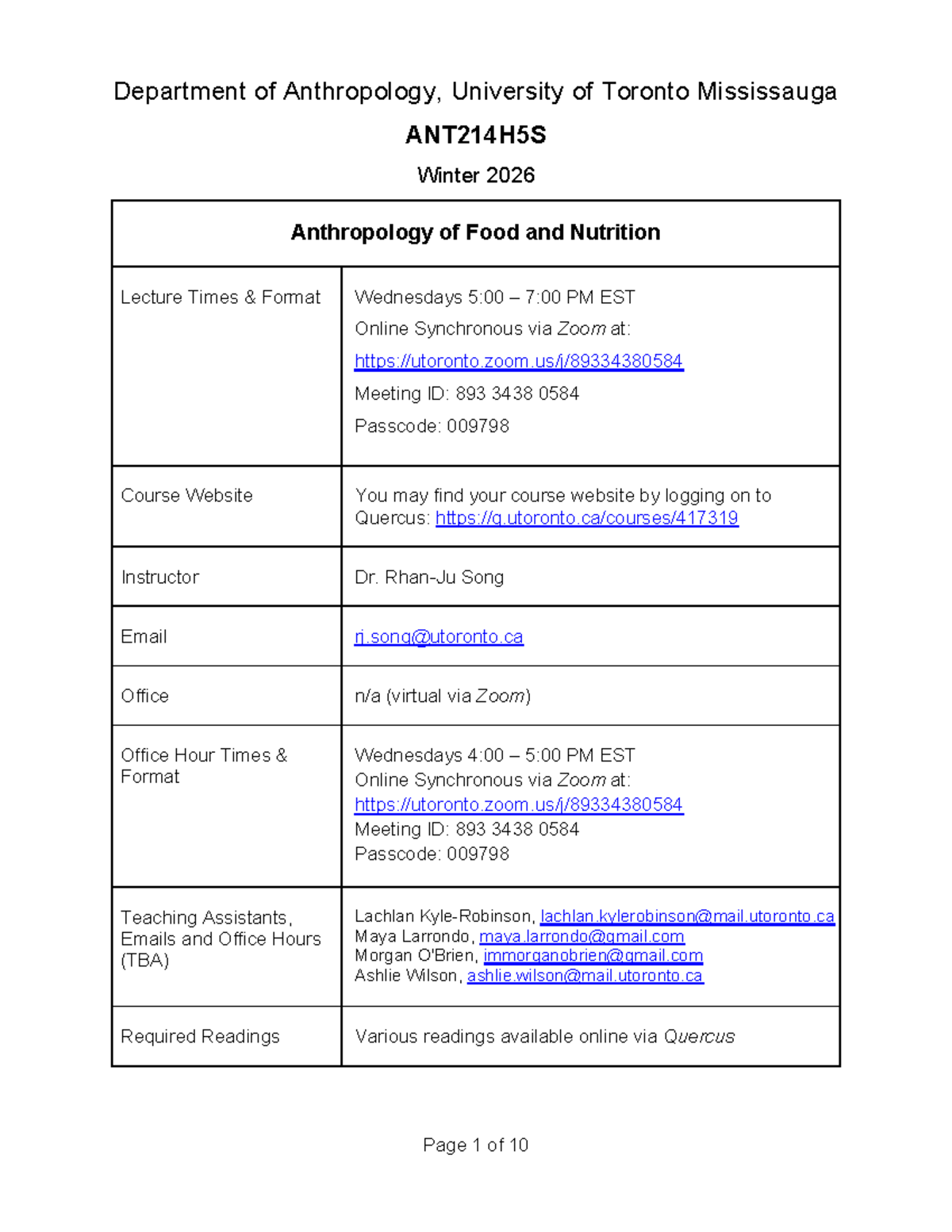 ANT214H5S Winter 2026: Anthropology of Food & Nutrition Syllabus - Studocu
