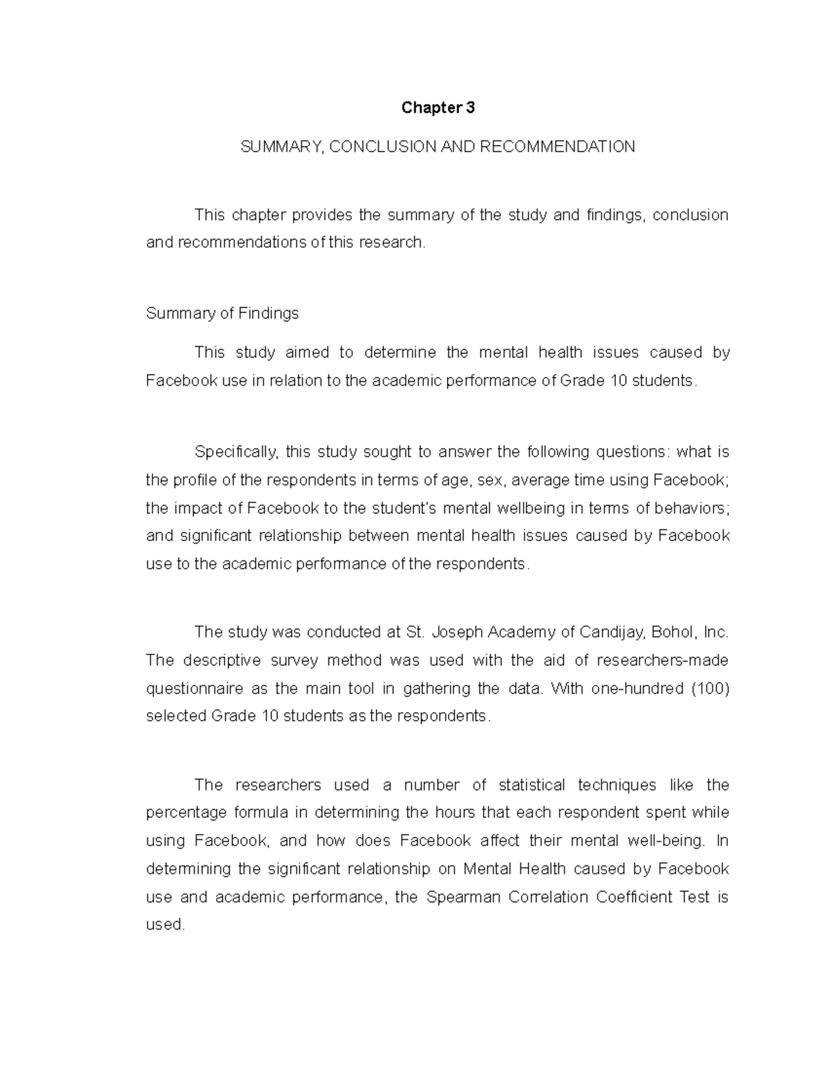 Chapter 3: Summary, Conclusion and Recommendations of the Study - Studocu