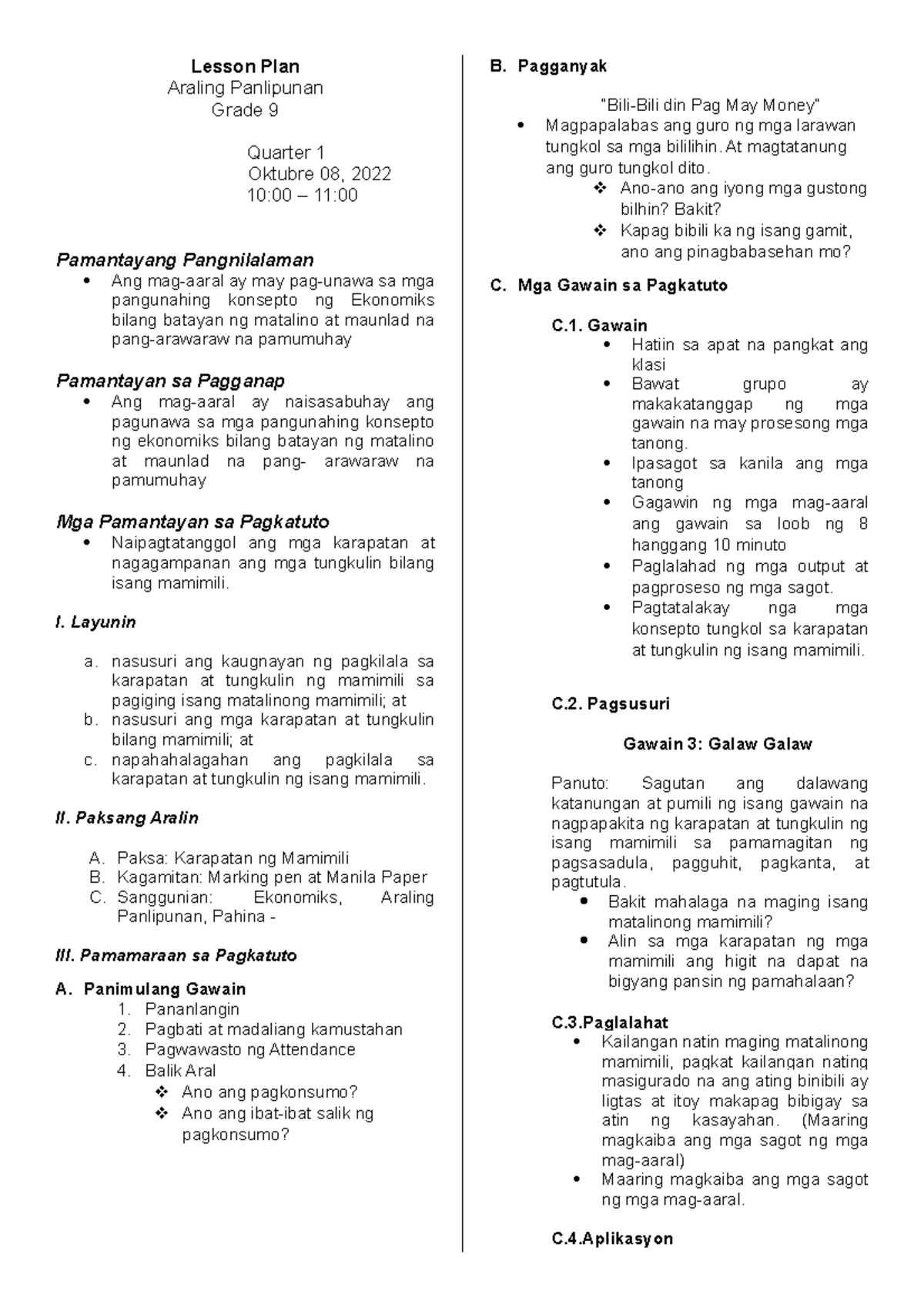 Karapatan ng Mamimili Lesson Plan para sa Araling Panlipunan (Gr. 9 ...