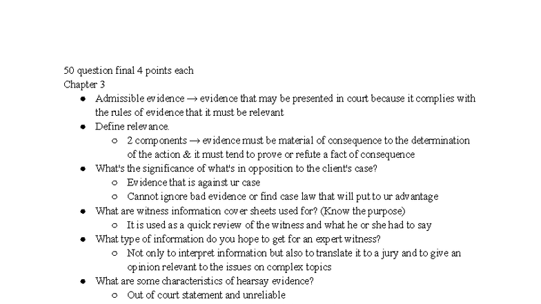 LA 303 - Final Exam Study Guide: Admissible Evidence & Pleadings - Studocu