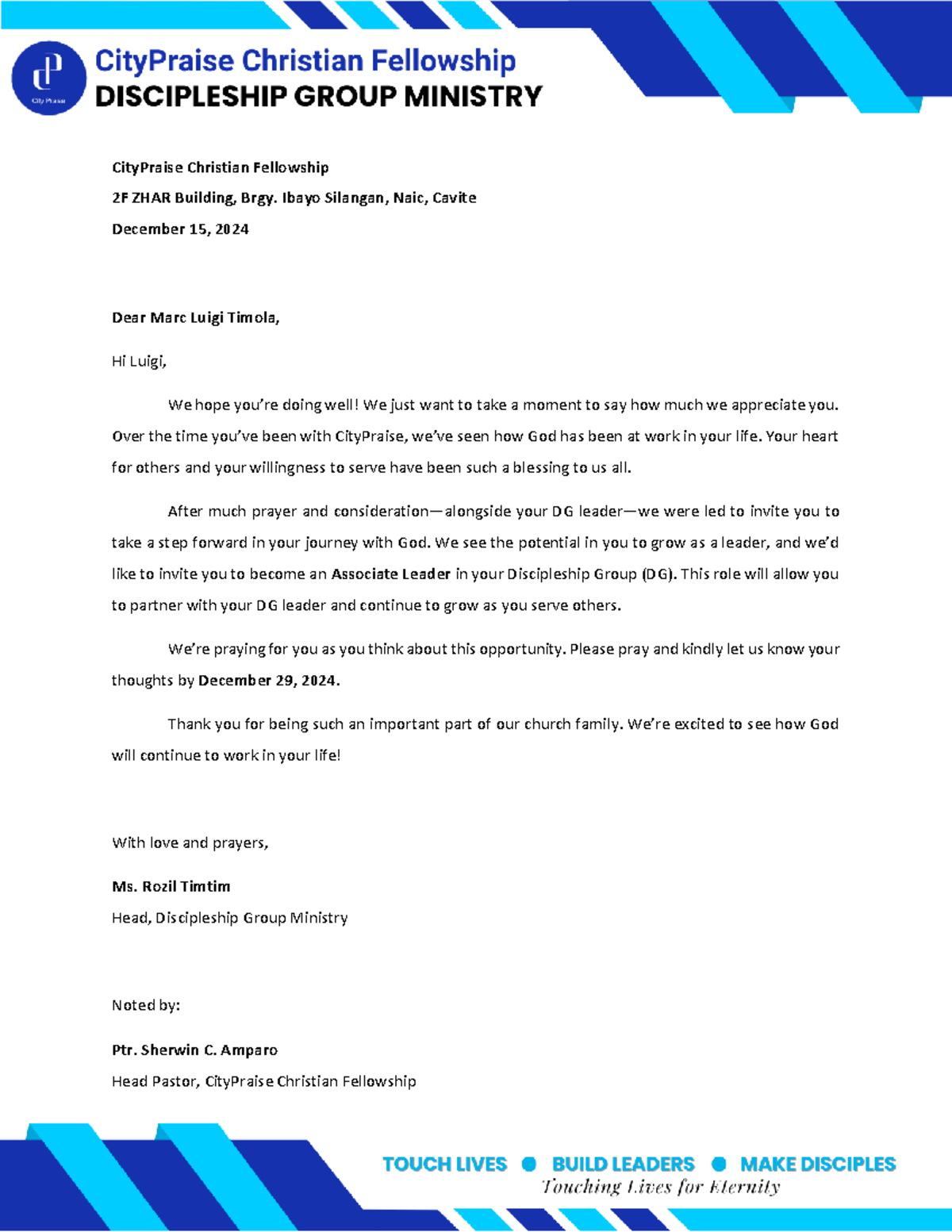 Special Invitation Letter for Associate Discipleship Leaders - Marc ...