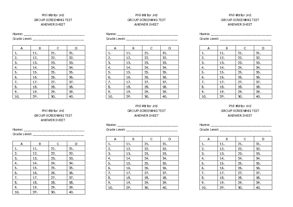 Phil-IRI JHS Group Screening Test Answer Sheet - Studocu