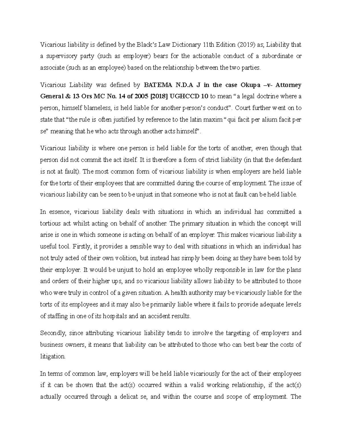 Vicarious liability Presentation - Vicarious liability is defined by ...