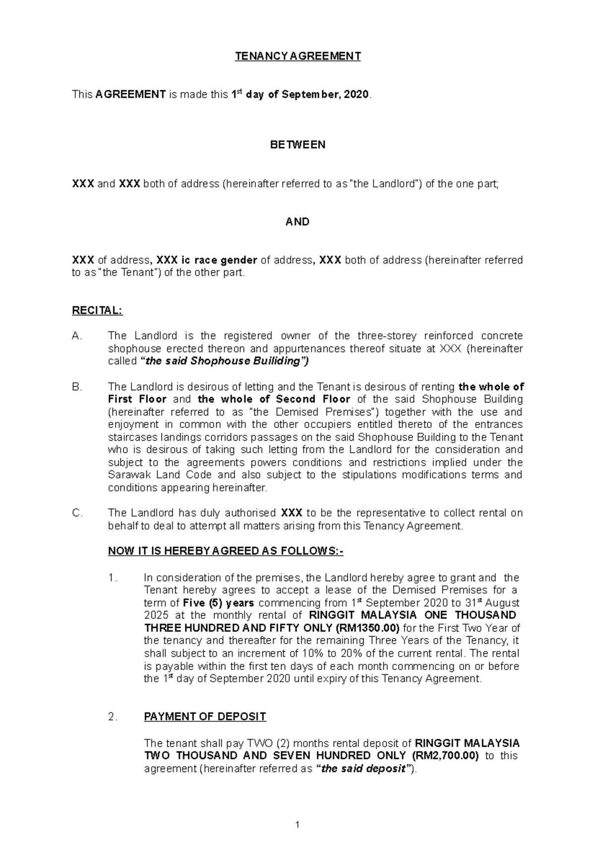 Tenancy Agreement sample - Law of Contract II - UniSZA - Studocu