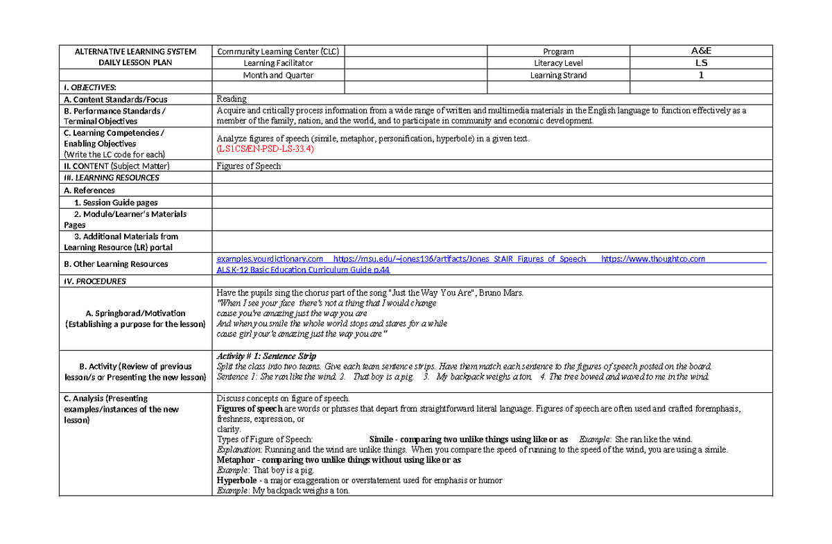 ALS Daily Lesson Plan: Figures of Speech Activities - Studocu